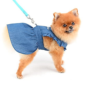 SMALLLEE_LUCKY_STORE Dog Denim Harness Dress, Ruffles Puppy Princess Dress for Small Medium Dog Cat Girls Adjustable Pet Jean Skirt with D-Ring Female Dog Clothes Summer Apparel,Dark Blue,XS
