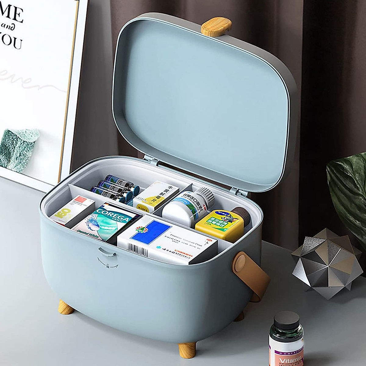 TOWEBOORY Medicine Storage Box,Oval Medicine Box Organizer Storage, Plastic Medical Storage Containers, Oval Double Layers Multi Grid Large Capacity Medical Box Organizer for Home Dorm (Glacier Blue)