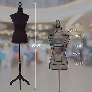 FDW Manikin 60”-67”Height Adjustable Female Dress Model Display Torso Body Tripod Stand Clothing Forms, Black