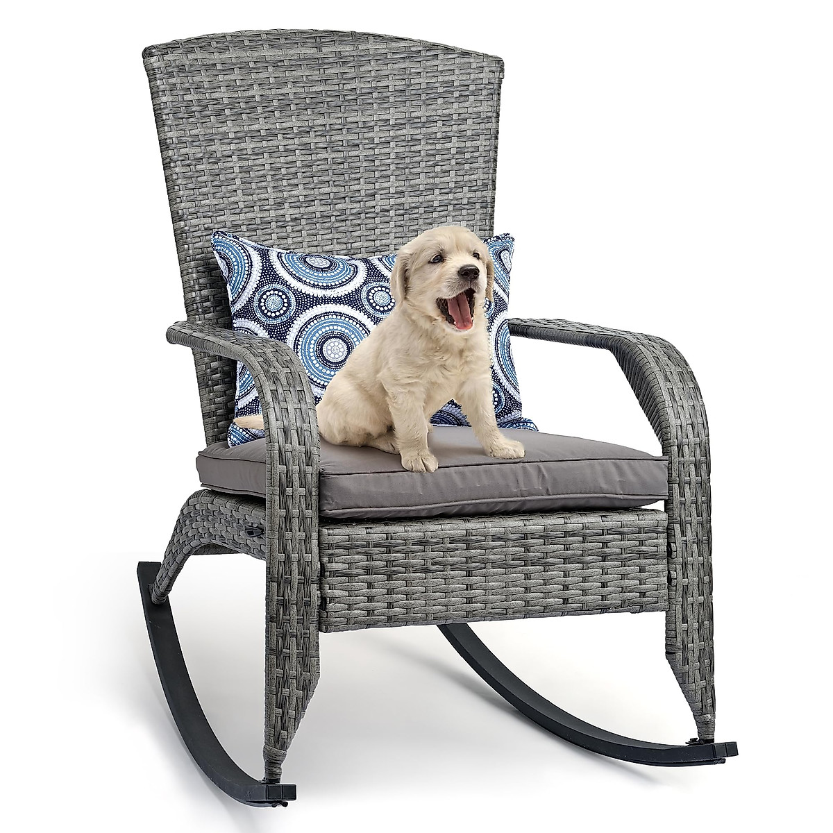 OYODHPDU Outdoor Rocking Chair- Rattan Patio Rocker Chairs with Cushions and Steel Frame- All Weather Outdoor Rocker Chair with 2 Replaceable Cushion Covers (Blue & Grey), 350lbs