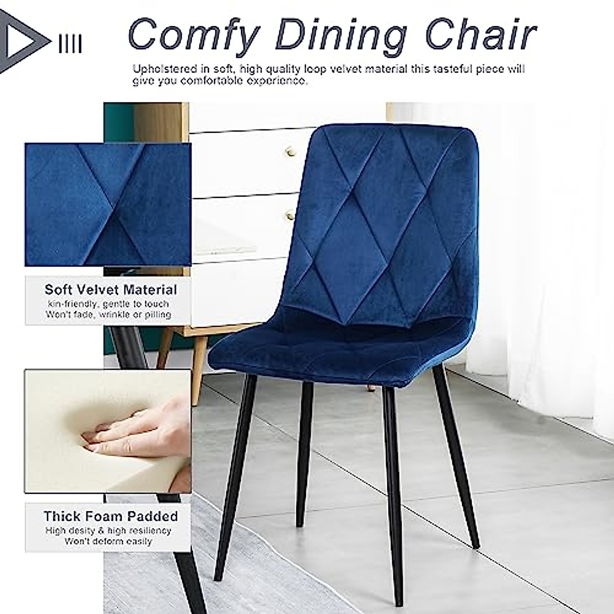 KATBOC Blue Velvet Dinner Chairs Set of 4, Modern Velvet Dining Room Chairs, Kitchen Chairs with Upholstered Cushion Seat for Home Kitchen Restaurant