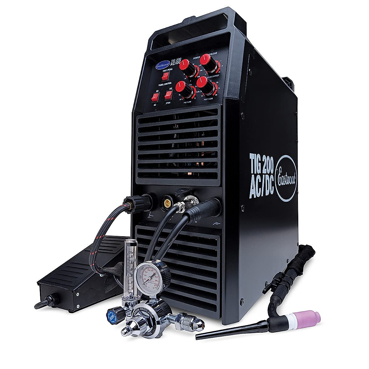 Eastwood AC/DC TIG Welder System | 1/4 Inch Thick Welding Capacity | Duty cycle of 60% at 190 Amps | 110 & 220V Dual Voltage TIG Welding with Rocker Style Foot Pedal | Black