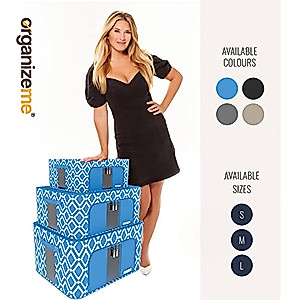 OrganizeMe 3 Pack Stackable Clothes Storage Bin Metal Frame Collapsible Storage Box Foldable Bin For Blankets Cloths Comforters Closet Organiser Sturdy Handle Design with Clear Window (Brilliant Blue)