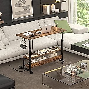 Height Adjustable Standing Desk with Power Outlets, 32" Manual Stand Up Desk with Storage Shelves Small Mobile Rolling Computer Desk Portable Laptop Table with Wheels for Home Office, Rustic