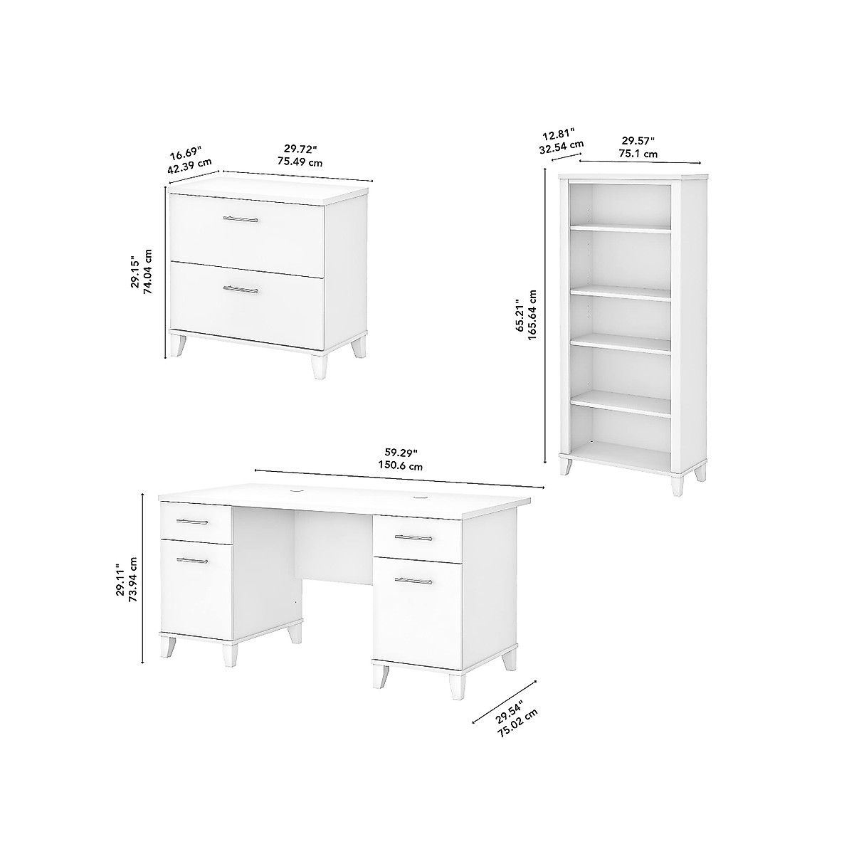 Bush SET013WH 60-Inch W Office Desk w/Lateral File Cabinet and 5-Shelf Bookcase White