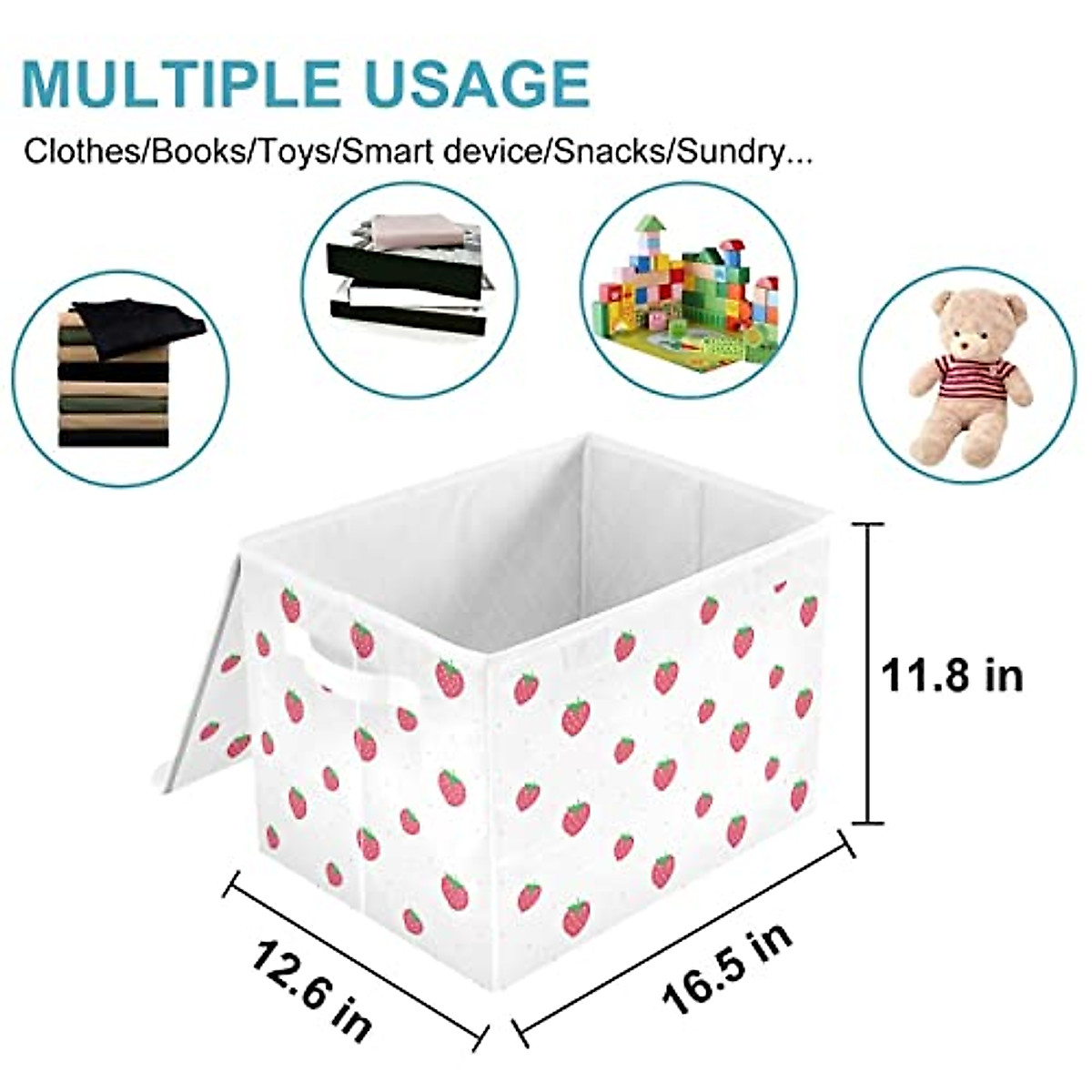 CaTaKu Small Cute Strawberry Storage Bins with Lids Fabric Large Storage Container Cube Basket with Handle Decorative Storage Boxes for Organizing Clothes Shelves