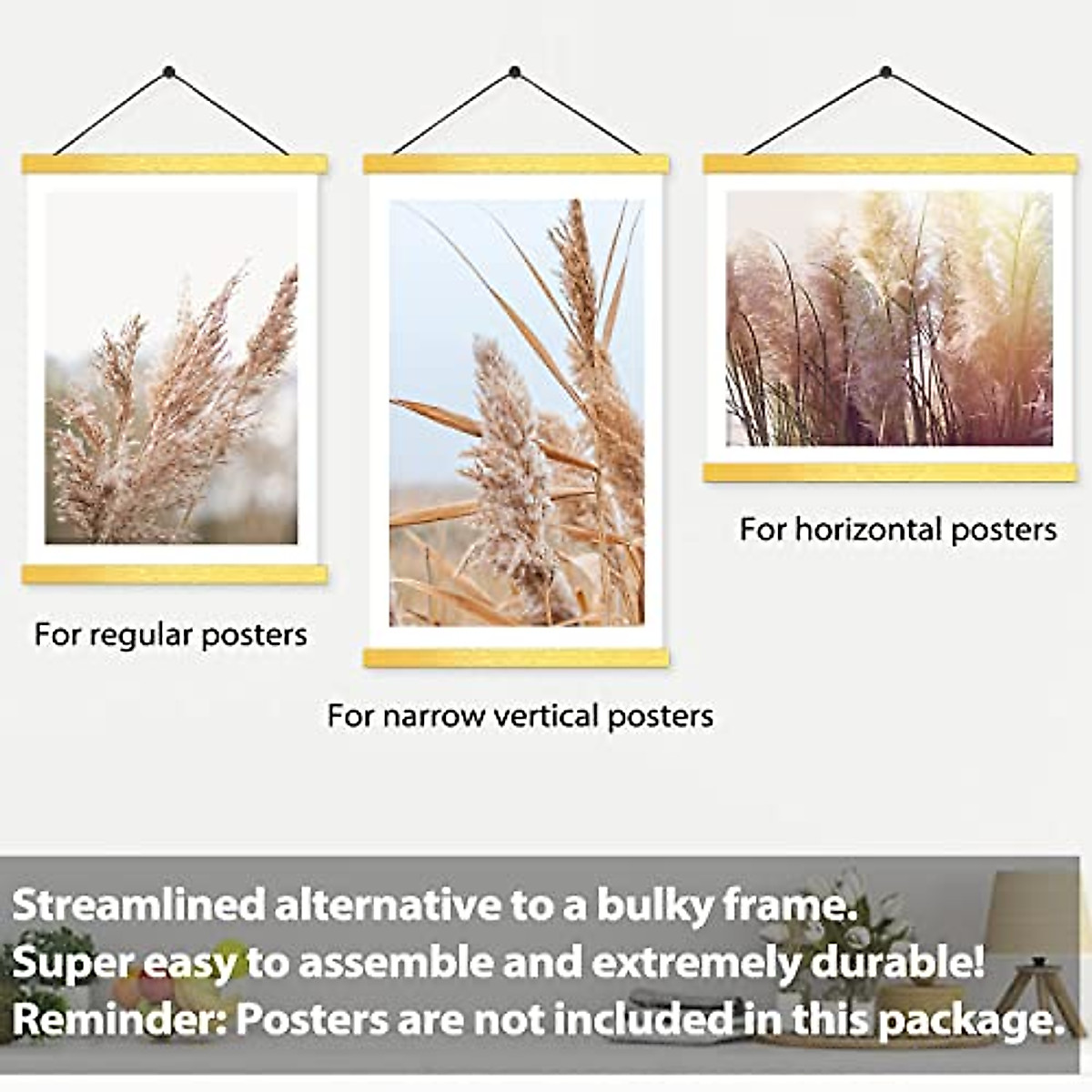 Magnetic Poster Hanger Frame 16 Inch Wide, Gold, Strong Magnet, Premium Wood and Quick Assembly, Wall Hanging Wooden Frame for Posters, Scroll, Picture, Print, 16x20 16x24 16x18