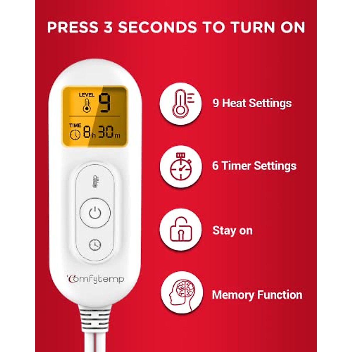 Upgraded Heating Pad for Back Pain Relief, Comfytemp XL Electric Heated Back Wrap with Strap, 9 Heat Settings, 5 Auto-Off, Stay On, Backlight for Cramps, Waist, Lumbar, Abdomen, 15"x 24" - Washable