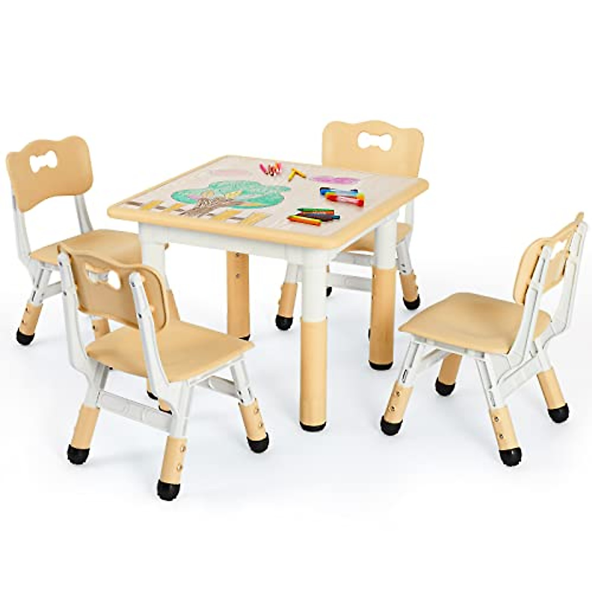 AuAg Kids Table and 4 Chairs Set, Height Adjustable Toddler Study Table and Chair Set for Age 2-10, Multi-Activity Art Table W/Graffiti&Scrubtable Desktop, for Daycare, Classroom, Home (Natural)