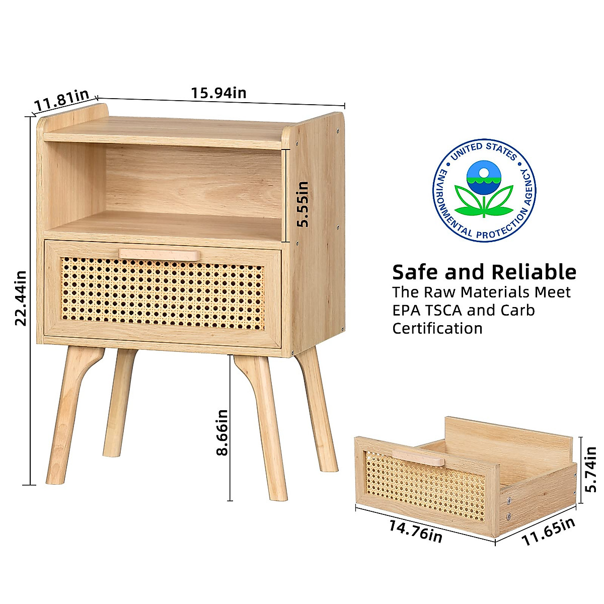 Lerliuo Rattan Nightstands Set of 2, Boho Side Table with Drawer Open Shelf, Cane Accent Bedside End Table with Solid Wood Legs for Bedroom, Dorm and Small Spaces (Natural)