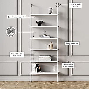 Nathan James Theo 6-Shelf Tall Modern Bookshelf, Wall Mount Ladder Shelf Bookcase with Wood and Industrial Metal Frame, Matte White