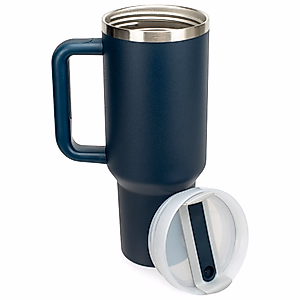 Elanze Designs Giraffe Growing Wildflower Animal Floral Motif 40 Oz. Stainless Steel Water Bottle Coffee Mug, Spill & Leak Resistant, Travel Tumbler with Handle, Lid & Straw, Navy Blue