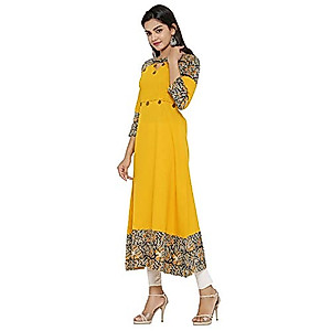 Yash Gallery Women's Plus Size Cotton Blend Kalamkari Print A-Line Kurtis (Mustard Yellow)