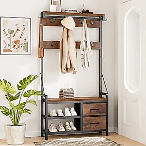 Lulive Hall Tree, 31.5” Entryway Bench with Coat Rack freestanding, 5 in 1 Intelligent Design Shoe Bench and Wall Rack 17 Hooks and Drawers (Rustic Brown)