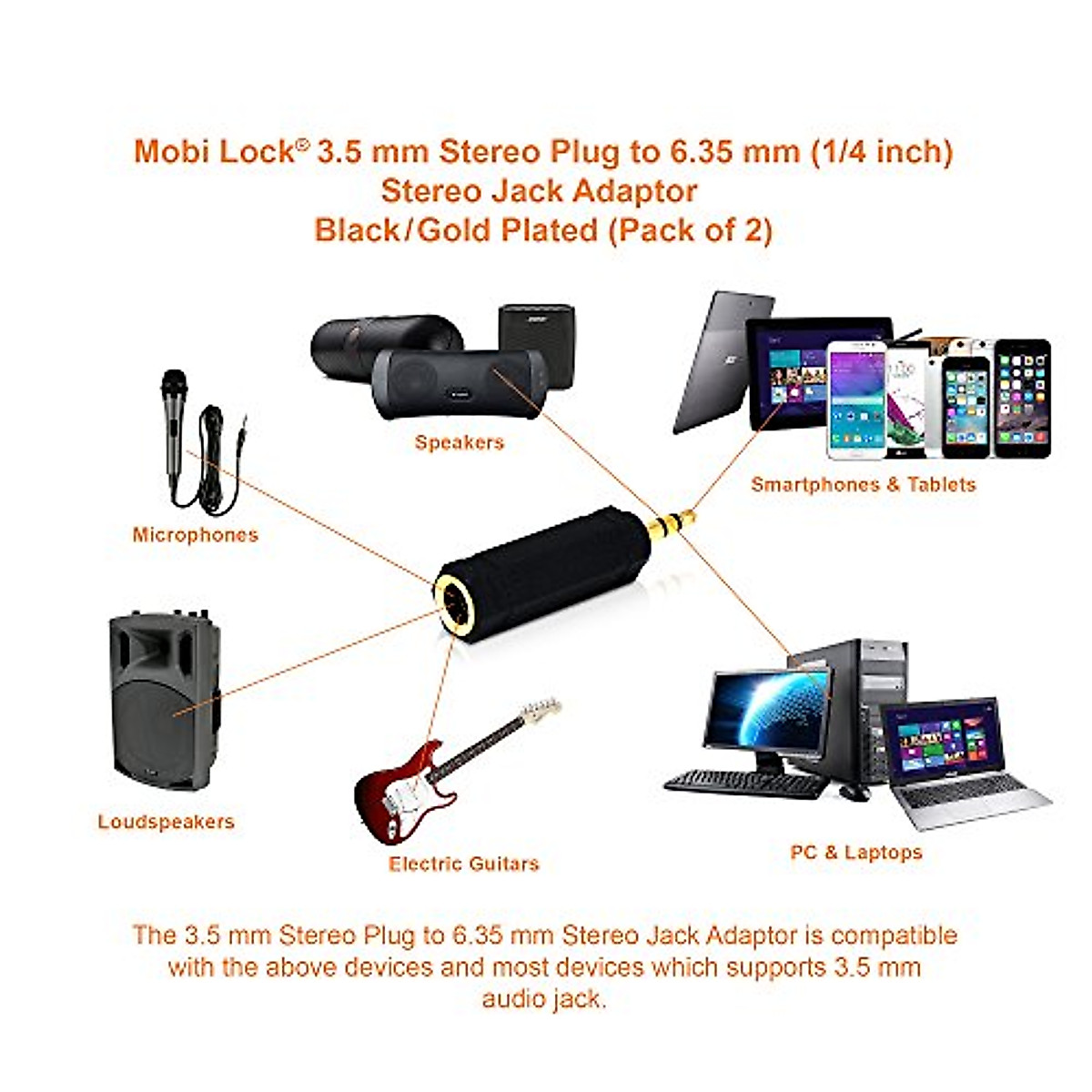 Mobi Lock 3.5mm Plug to 6.35mm Socket (Pack of 2) 1/8 to 1/4 inch Stereo Audio Jack Adapter | Connects Devices with 3.5mm Port to Your Amplifiers, Guitar, Piano, Speakers & Mic That use 6.35mm Port