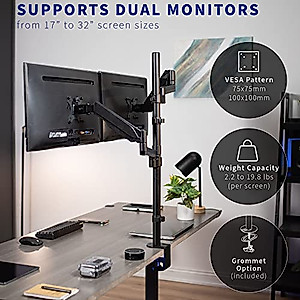 VIVO Dual Monitor Arm Extra Tall Mount for Screens up to 32 inches, Pneumatic Height Adjustment, Full Articulating Heavy Duty VESA Stand with Desk C-clamp and Grommet, STAND-V012K