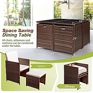 Devoko 9 Pieces Patio Dining Sets Outdoor Space Saving Rattan Chairs with Glass Table Patio Furniture Sets Cushioned Seating and Back Sectional Conversation Set (Beige)