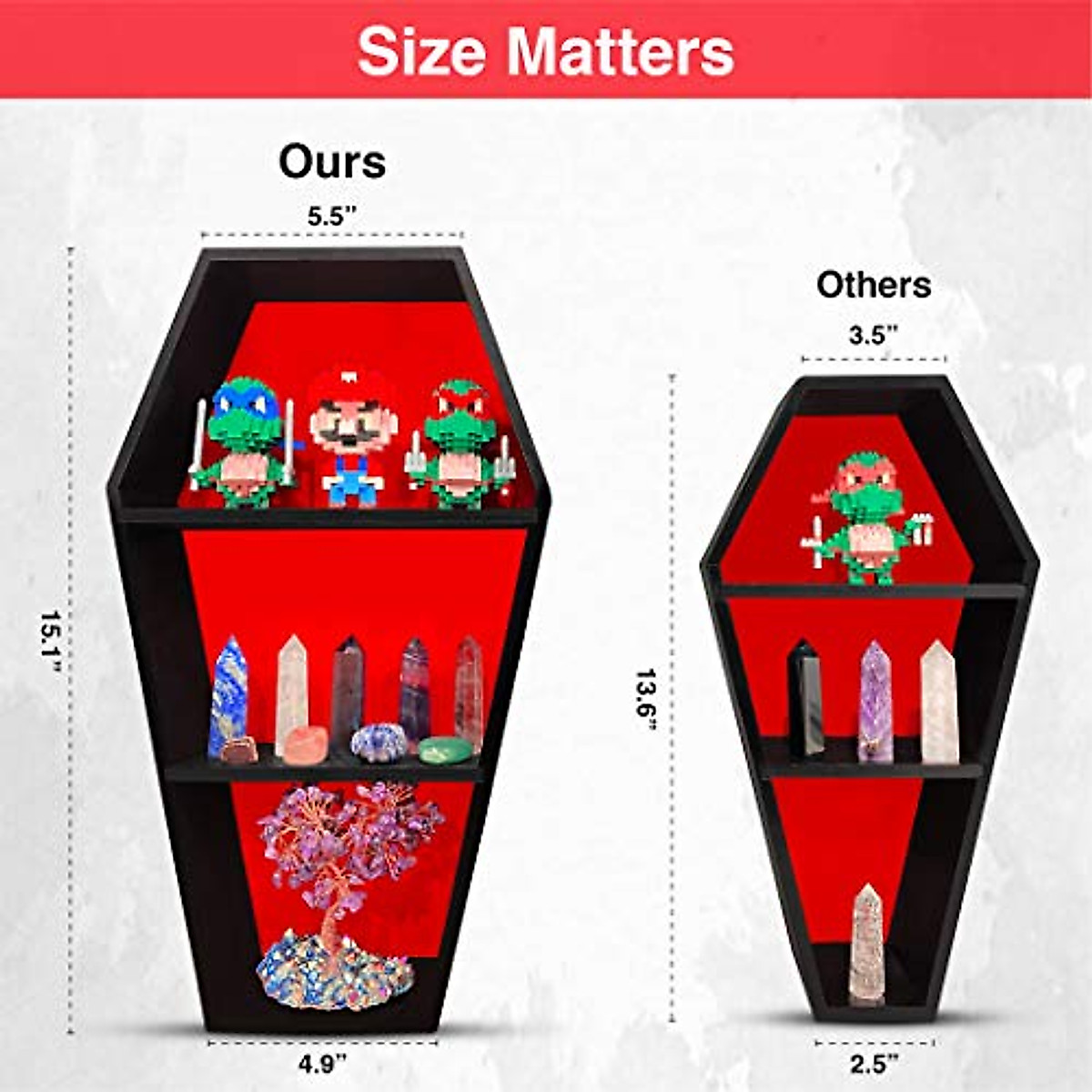 Gothic Life Coffin Shelf - Spooky Wooden Goth Decor for Home, Black Hanging Wooden Shelf for Wall or Table Top, Witchy Room Decor for Oddities and Curiosities, 50 Gothic Skull Witch Stickers Included