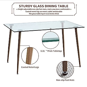 Glass Dining Table Set for 4, 51 inch Dining Table & Chair Sets with Dark Wood Metal Legs for Kitchen, Modern Rectangle Tempered Glass Table Top and Transparent Plastic Dining Chair for Dining Room