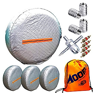 Aootf Tire Covers for RV Wheel -Trailers Tire Covers Set of 4 and Tire Tools 14 Sets for Motorhome Wheel Covers RVS,Boat,Waterproof Reflective Safety Tire Protectors Fits 26" to 29" Wheels (4PCS)