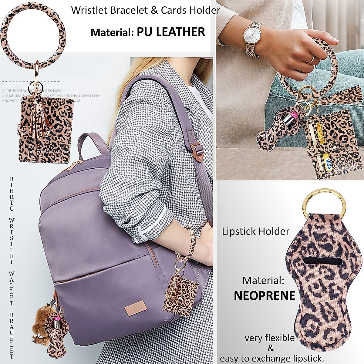 BIHRTC Wristlet Bracelet Keychain Card Holder Key Bangle PU Leather Wristlet Keyring Bracelets Tassel Keychain Round Key Ring with Charpstick Holder for Girls Leopard