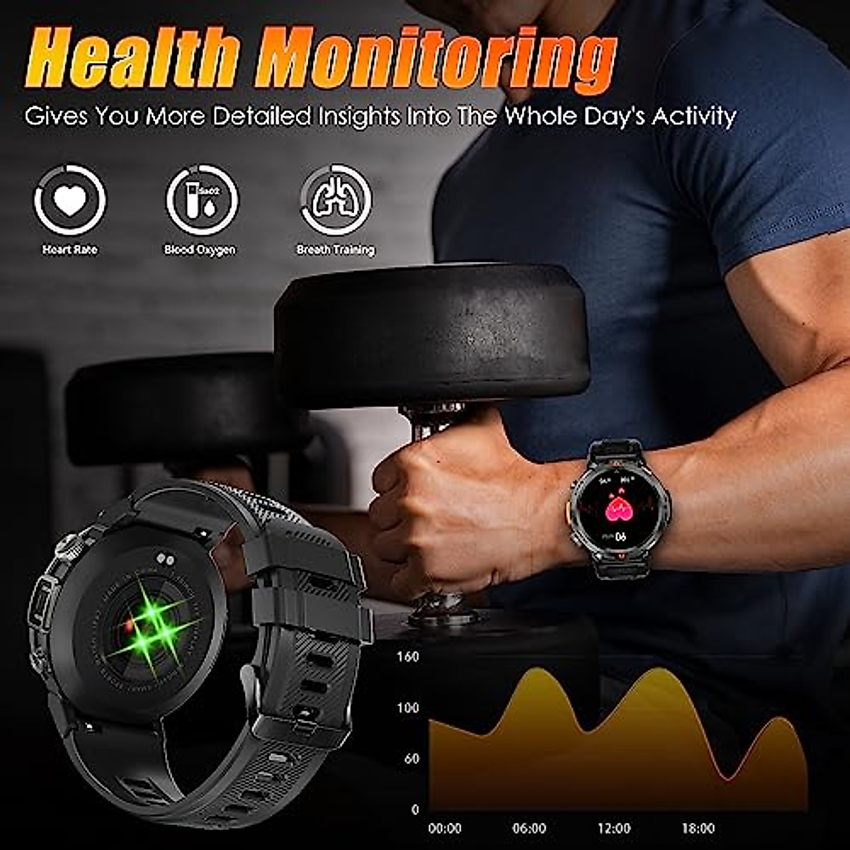 Military Smart Watch for Men Tactical Rugged Smart Watch with Bluetooth Call Flashlight 1.45" Big Screen Fitness Tracker Heart Rate Sleep Monitor Watch Waterproof Sports Smartwatch for iPhone Android