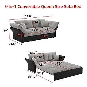 74.8" Sleeper Sofa Couch with Pullout Bed, Queen Pull Out Sofa Bed Velvet Convertible Sofa Bed, Comfy Cloud Couch Bed Reclining Loveseat Sleeper for Living Room Apartment, Grey
