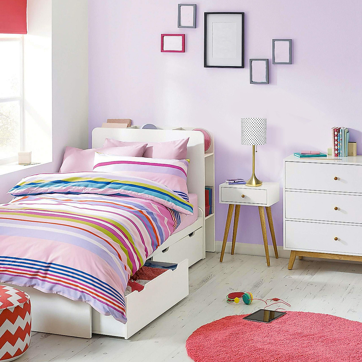 Simple Designs LT1076-GDD Tapered Fabric Drum Shade Table Lamp, Gold and Polka Dot