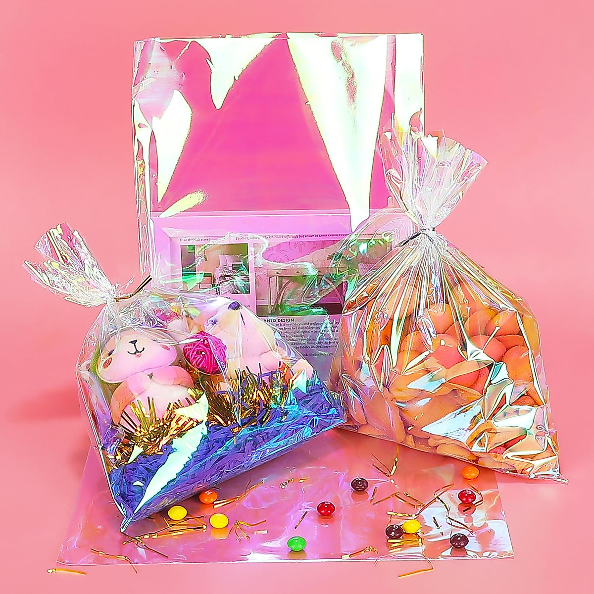 TYRSEN Cellophane Bags, 50 Pcs 9x12 Cello Bags with Twist Ties Holographic Iridescent Cello Gift Bags for Easter Day Birthday Party Halloween Xmas