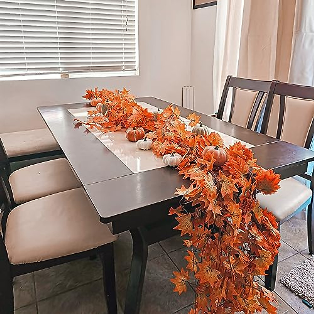 CQURE 14 Pack 98Ft Fall Leaf Garland, Hanging Vines Garland Artificial Fall Maple Leaves Garland Thanksgiving Decor for Home Wedding Fireplace Party （Orange Green）