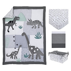 NoJo Baby-Saurus Gray, White, and Green Triceratops, Brontosaurus, and Tyrannosaurus Dinosaurs with Mountains and Leaves 4 Piece Nursery Crib Bedding Set - Comforter, 100% Cotton Fitted Crib Sheet, Crib Skirt, and Storage