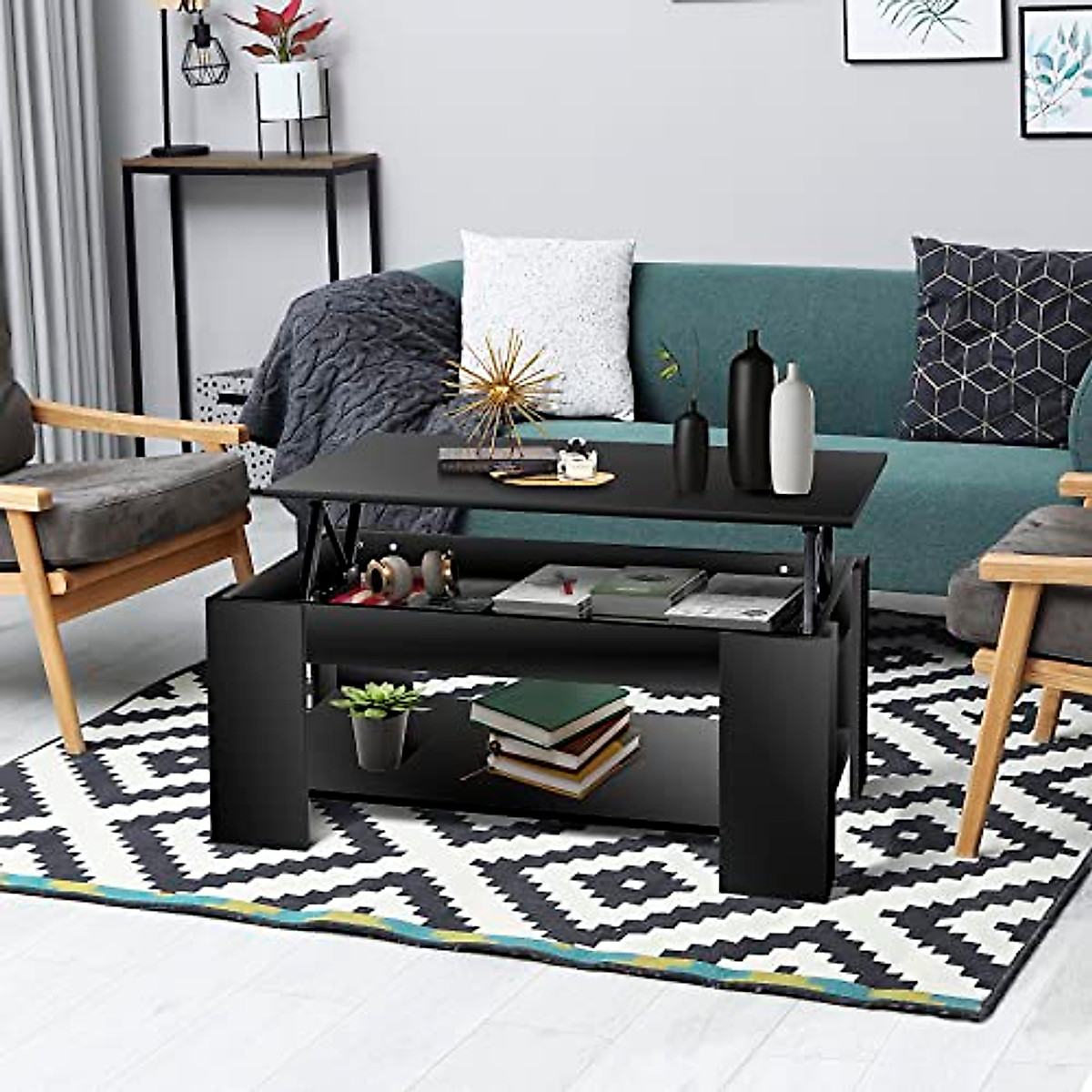 ZENY Lift Top Coffee Table with Hidden Compartment and Storage Shelves, Rising Tabletop Dining Table Modern Furniture for Home, Living Room, Reception Room Office, 38.6in L (Black)
