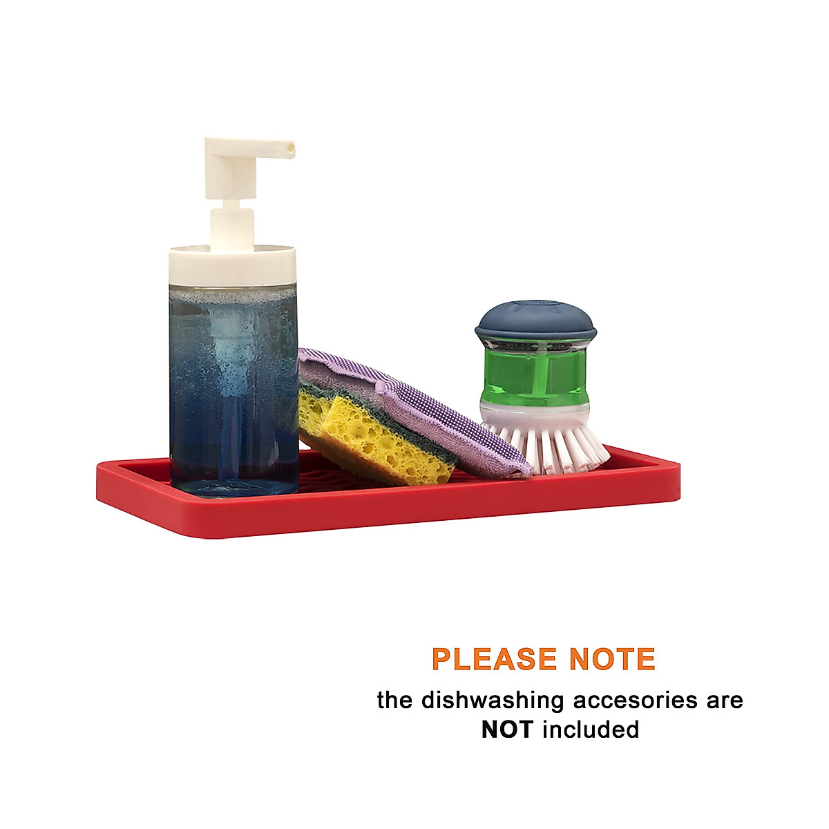 HomeBee Silicone Kitchen Bath Vanity Organizer Tray, Non-Slip Multipurpose Sink Caddy | Dish Sponge, Brush, Soap Dispenser Bottle Holder | Dishwasher Safe Rubber Counter Mat (10 x 5.25 Inch – Red)