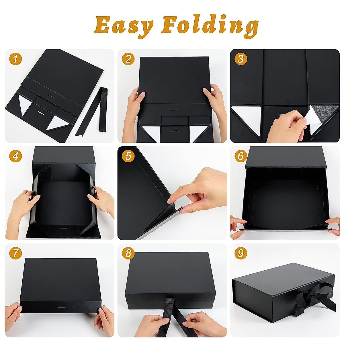 Moretoes Gift Box with Lid for Presents, 10.5x7.5x3.1 Inches Black Gift Box with Ribbon and Magnetic Closure for Valentine's Day, Mother's Day, Holidays, Birthdays