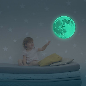 Glow in The Dark Moon Wall Decals 30cm Luminous Art Sticker at Night, Removable Adhesive Wall Decal for Kids Boy and Girl Bedroom