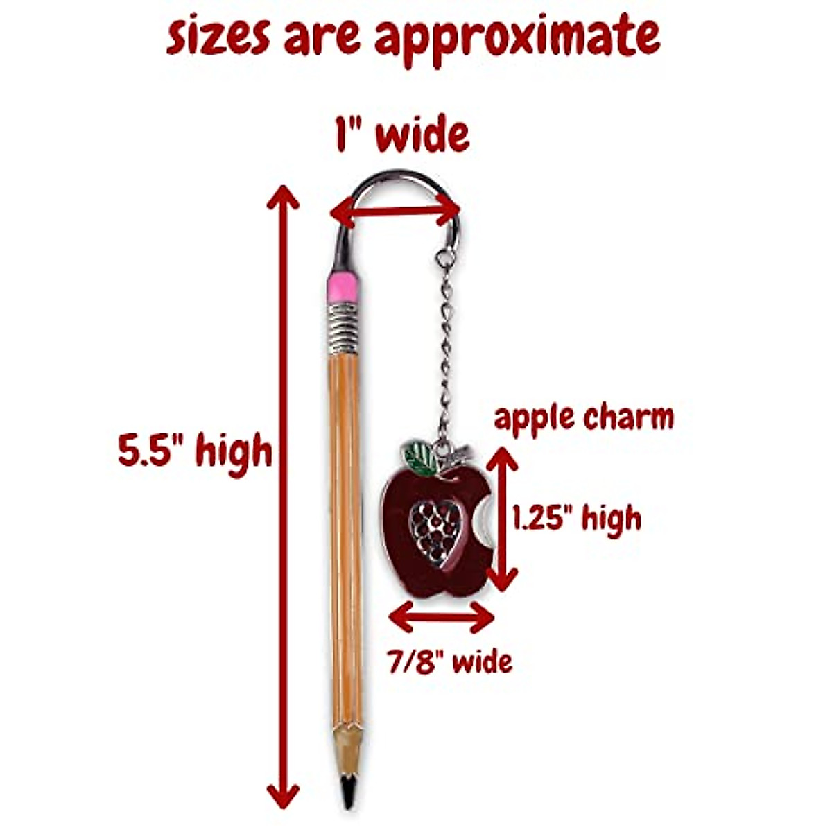 Teacher Bookmark - Pencil Design with Jeweled & Enameled Apple Style Charm - Teacher Appreciation Gift
