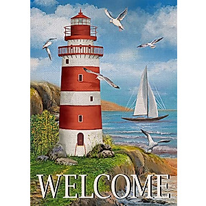 Covido Home Decorative Welcome Spring Summer Lighthouse Garden Flag, Coastal Seagull Birds Yard Beach Nautical Sailboat Outside Decoration, Ocean Outdoor Small Burlap Decor Double Sided 12 x 18