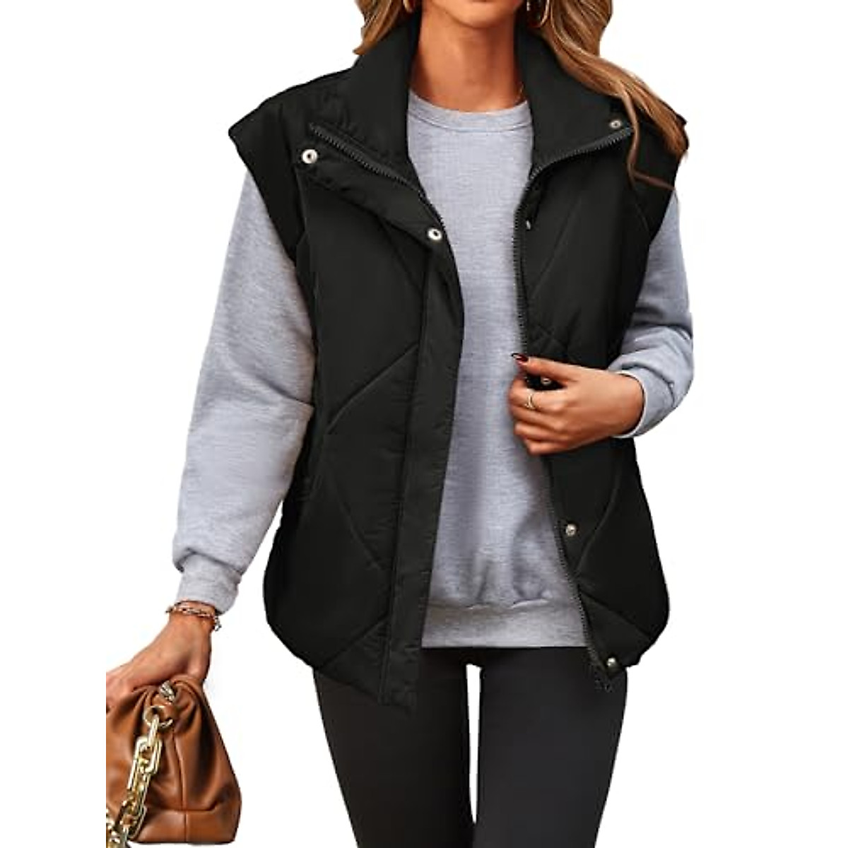 MEROKEETY Puffer Vest for Women Lightweight Fall Snap Button Quilted Jacket Coat with Pockets,Black,XL