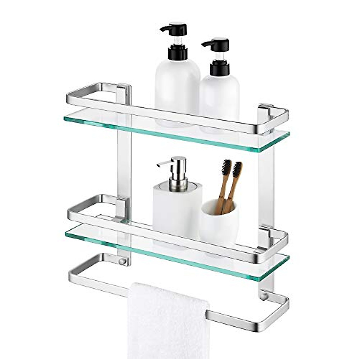 KES Bathroom Tempered Glass Shelf 2 Tier Storage Glass Shelf Rectangular with Bar Wall Mounted Sand Sprayed Anodized Aluminum Finish, A4127B