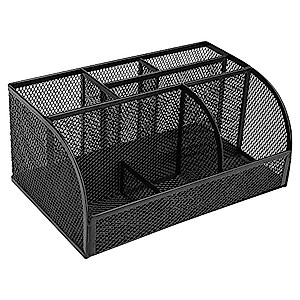 deli Mesh Desk Organizer Office Desktop Organizer with Pen Holder, Metal Stationary Organizer Desk Caddy, 7 Compartments, Black
