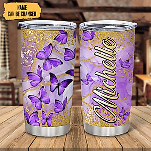 Hyturtle Personalized Gifts For Butterfly Lover - Butterflies Prints Custom Name Stainless Steel Tumbler 20oz With Lid - Idea Butterfly Lover Gifts For Women Girl Kids On Birthday, Christmas