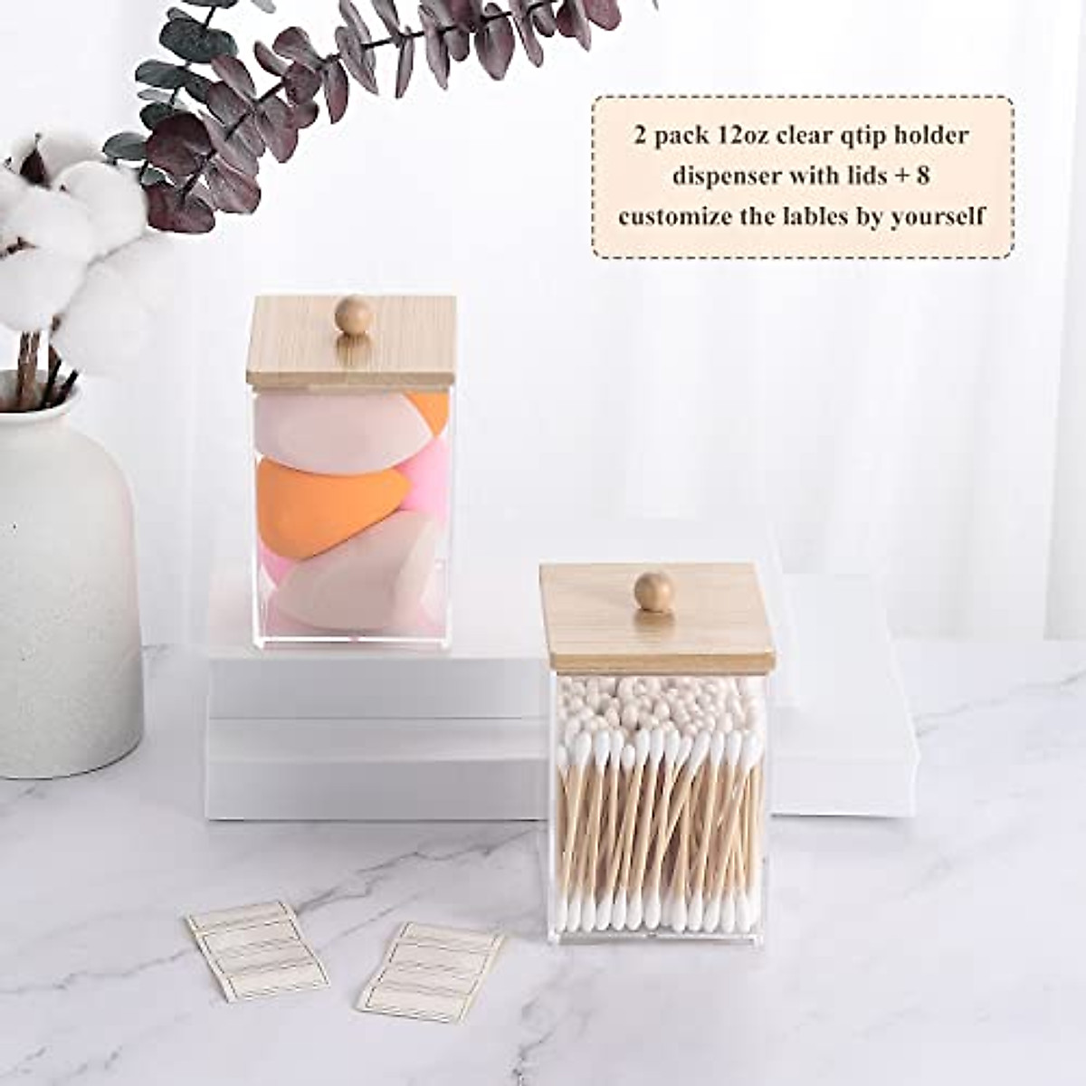 Qtip Holder Dispenser, Apothecary Jars with Lids, Acrylic Cotton Ball Holder - Q Tip Holder Apothecary Jars Clear Container Dispenser for Cotton Swab, Cotton Round Pads, Floss (2Pack Square Jars)