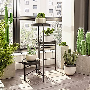 iDavosic.ly 3 Tiers Corner Plant Stand for Indoor Outdoor, Foldable Small Tiered Plants Holder Display Rack with 3 Trays, Flower Pot Tall Shelf for Living Room Balcony Garden Patio (Round, Black)