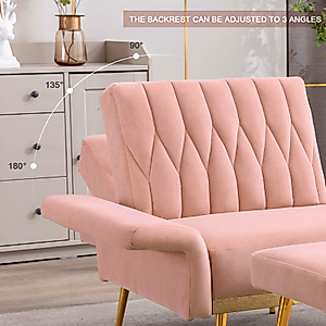 Modern Velvet Single Sofa Chair with Ottoman, Accent Living Room Chairs with Adjustable Armrests, Upholstered Tufted Lounge Chair for Home, Bedroom, Office (Pink)