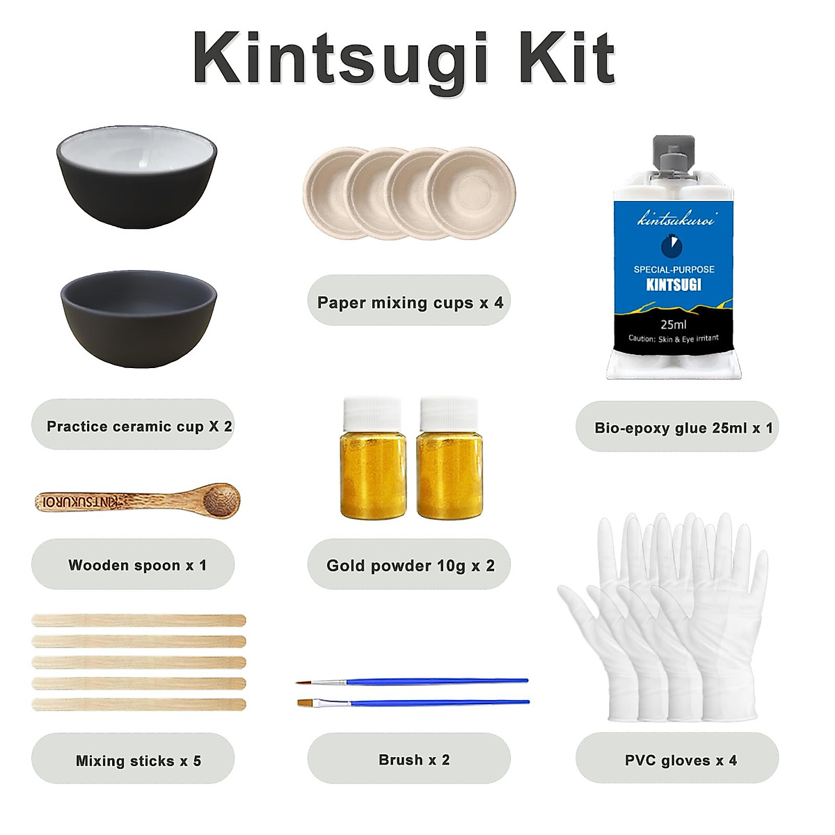 Kintsugi Repair Kit, Repair Your Meaningful Pottery with Gold Powder Glue - Comes with Two Practice Ceramic Cups for Starter
