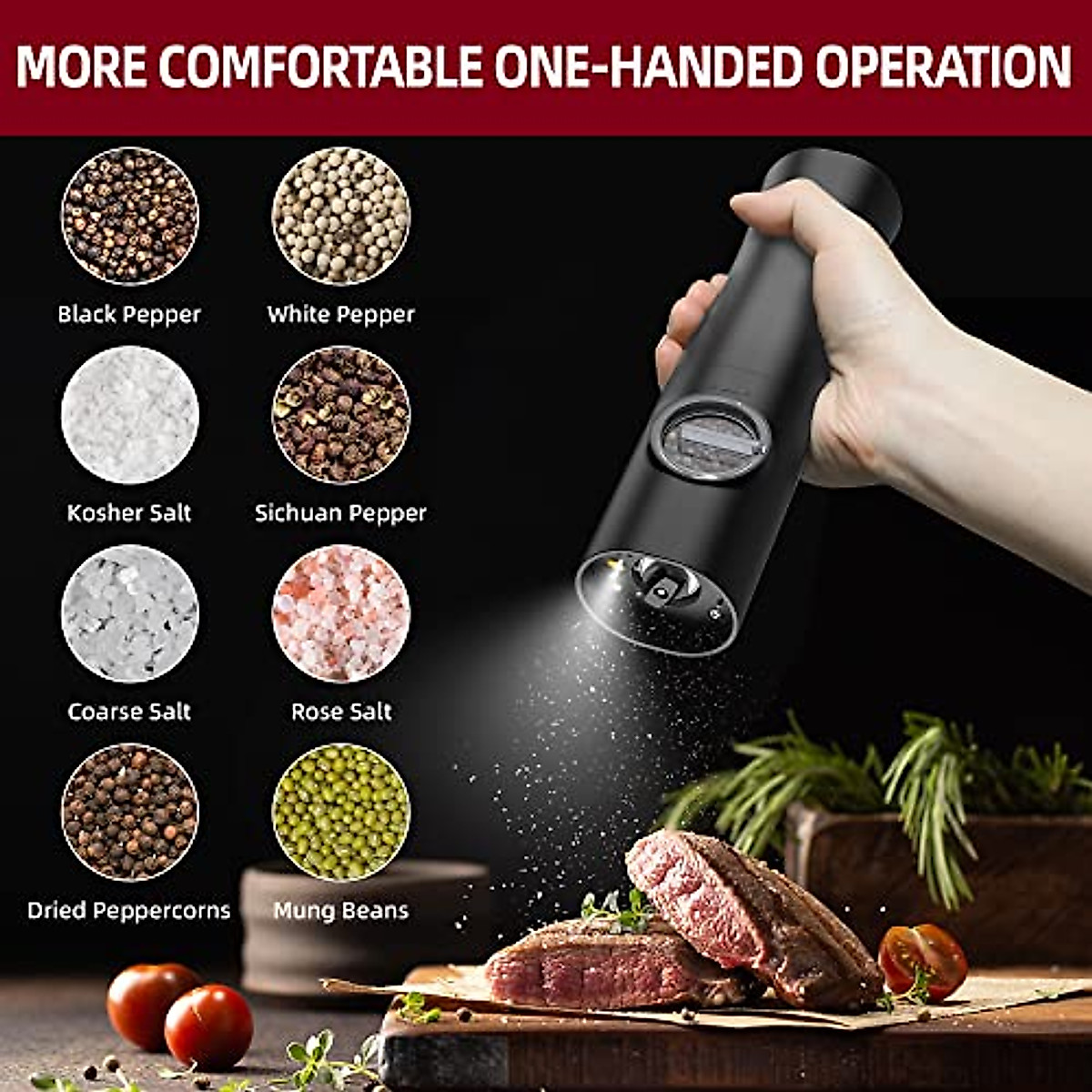 TLCCV Electric Salt and Pepper Grinder Set Rechargeable Automatic Black Salt & Pepper Mill 2 Pcs with Charging Base, Type-C USB Cables, LED Lights, Adjustable Coarseness, One Hand Operation
