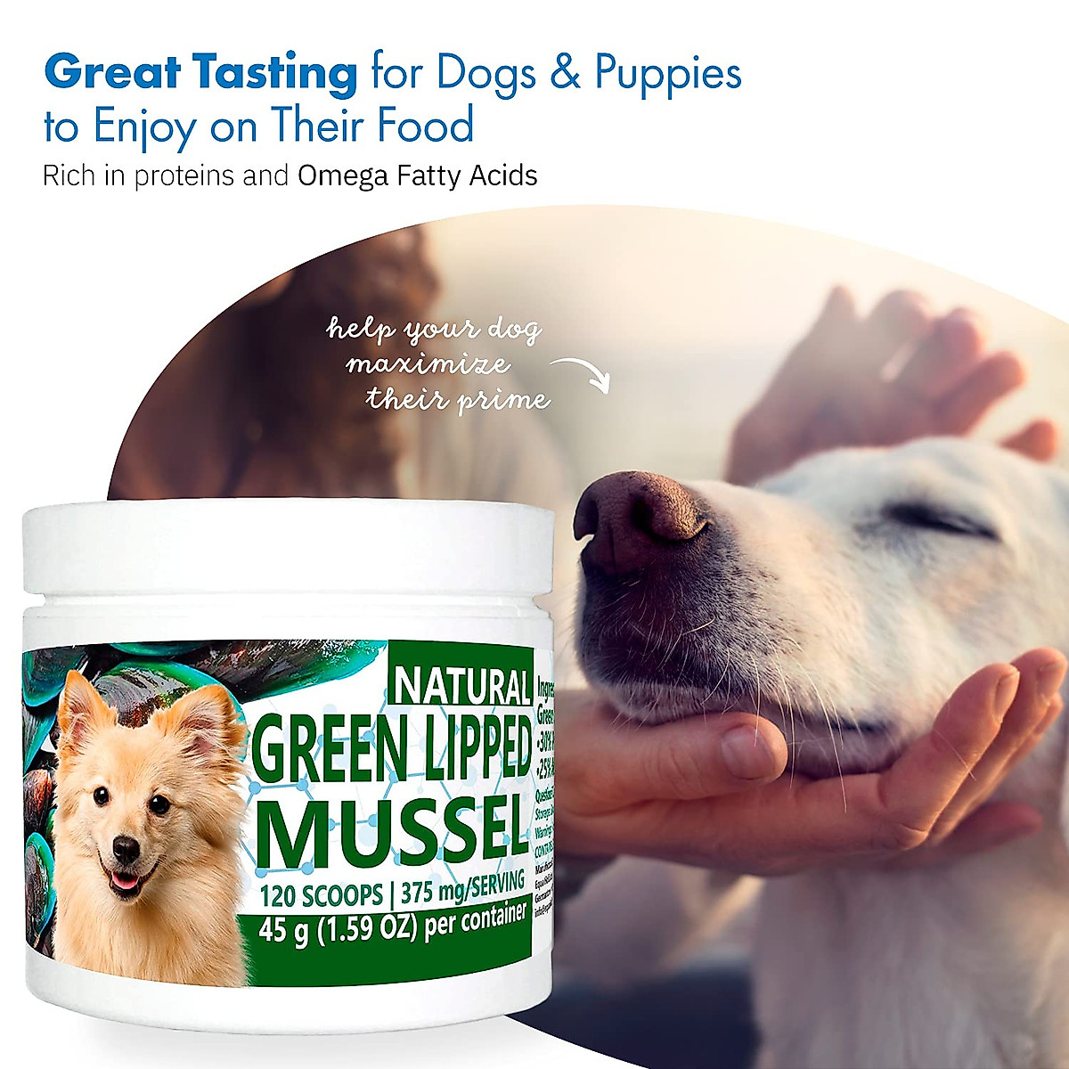 Equa Holistics Green Lipped Mussel Powder for Dogs, All-Natural Hip & Joint Support Dietary Supplement Formula for Dogs (120 Servings)