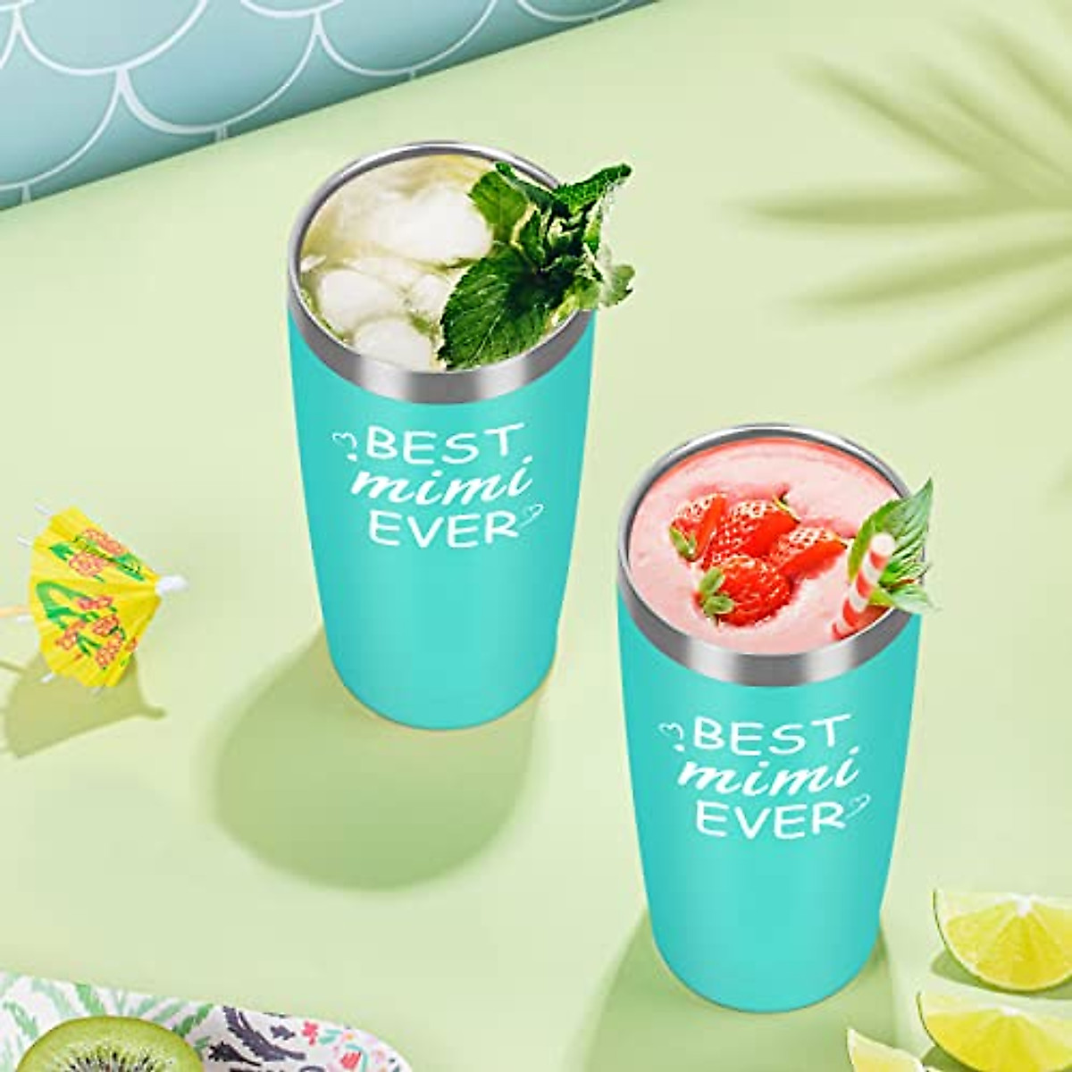 Qtencas Mimi Gifts, Best Mimi Ever Travel Tumbler, Christmas Birthday Gifts for Women Mimi Grandma Grandmother New Nana Mothers Day, Insulated Stainless Steel Stemless Tumbler with Lids(20 Oz, Mint)