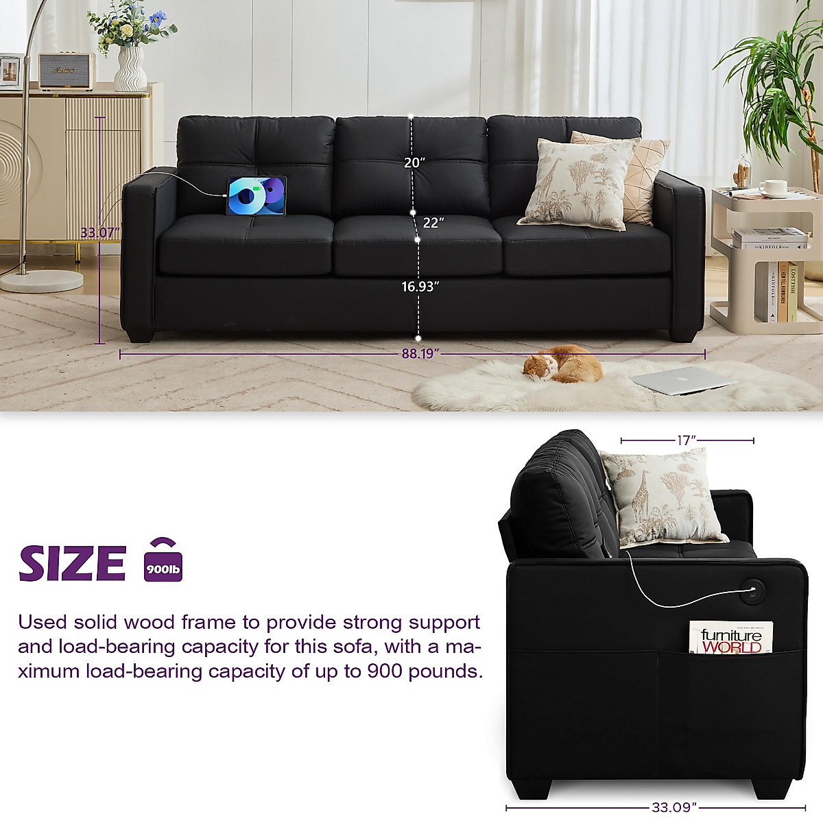 TYBOATLE Black Faux Leather Sofa Couch Sectional Couches for Living Room, 3 Piece Living Room Set Furniture Comfy Modular Convertible Sofas, Home Office Sofa Set for Apartment Small Space (1+2+3)