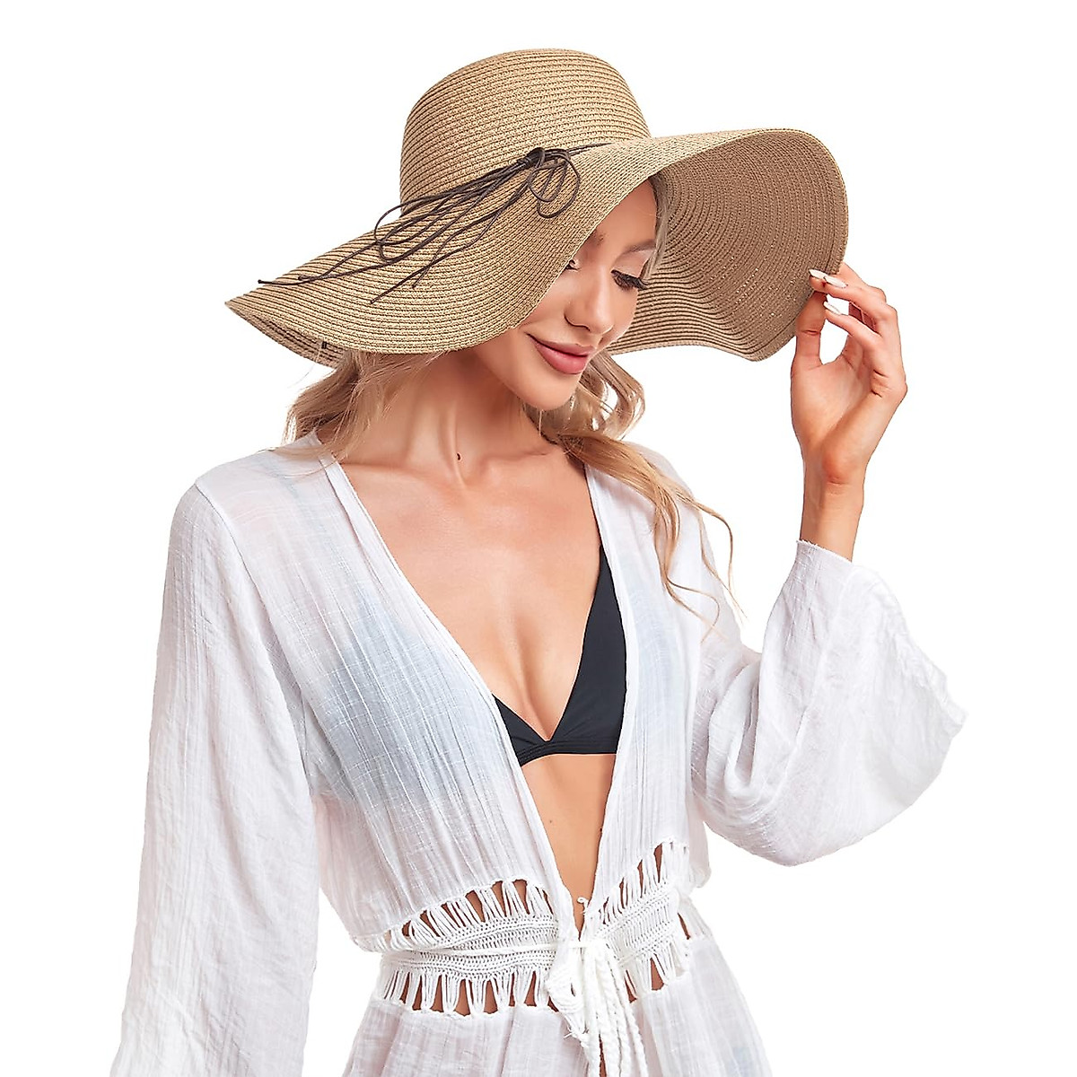 Beach Hats for Women, Straw Hats for Women Sun Hat Floppy, Wide Brim Hats for Women Foldable UPF 50+ UV Protection Summer Hat Khaki